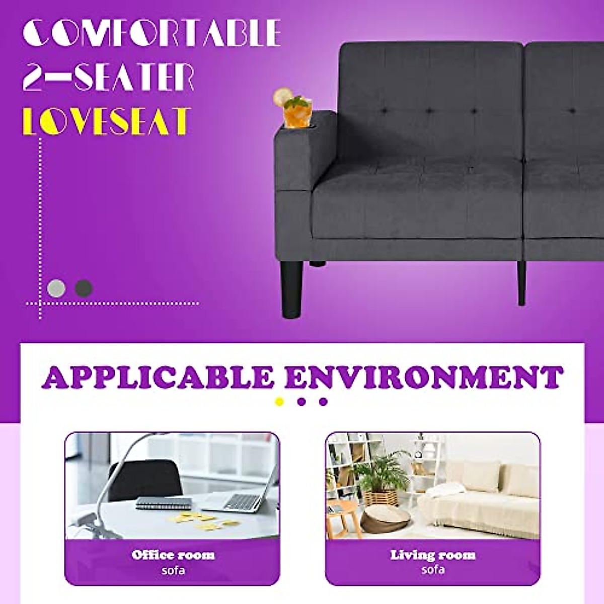 TYBOATLE Linen Upholstered Modern Love Seats Sofa with 2 USB, Fabric Loveseat Furniture w/Removable Armrests, 2 Cup Holders, Suitable for Compact Living Space, Apartment, Dorm (Dark Grey)