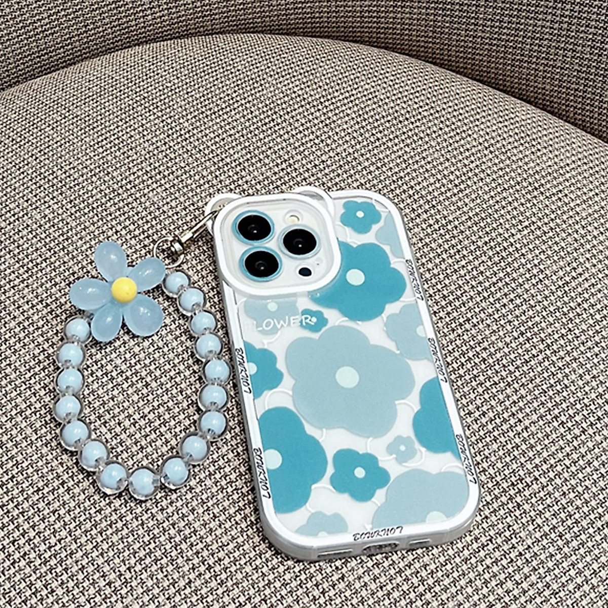 NITITOP Compatible for iPhone 13 Pro Max Case Clear Flower Floral Camera with Lovely Bracelet Chain Bear Lens Case for Women Girls, Shockproof Protective Soft TPU Cover - Blue