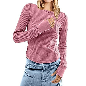 SAFRISIOR Women Casual Waffle Knit Crew Neck Top Patchwork Stitching Asymmetric Hem Long Sleeve Slim Fit T-Shirt Tee Shirt Pink Purple