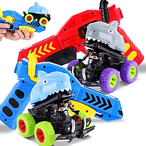 FiGoal 2 Pack Shark Cars with Toy Gun Launchers Monster Toy Trucks, Friction Powered Toy Cars Vehicles for Boys and Toddlers Games Toys Gifts for Birthday