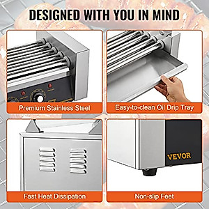 VEVOR Hot Dog Roller 5 Rollers 12 Hot Dogs Capacity, 750W Stainless Sausage Grill Cooker Machine with Dual Temp Control Glass Hood Acrylic Cover Bun Warmer Shelf Removable Oil Drip Tray ETL Certified