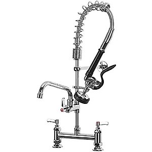 CWM Commercial Sink Faucet with Sprayer,Pre-Rinse Kitchen Brass Constructed Polished Chrome with Pull Down Sprayer 26"Height 8" Center with 8" Add-on Spout Deck Mounted