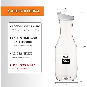 KORDISEN Water Carafe with Lid, 50 Oz Plastic Pitcher for Drinks, Milk, Mimosa Bar Supplies, Iced Tea Pitcher, Juice Containers with Lids for Fridge, BPA-Free, 4 Pack (Clear)