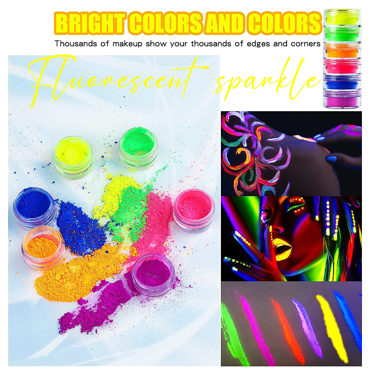 Beteligir 6 colors Neon Pigment Eyeshadow Powder, FindinBeauty UV Glow Blacklight Mixed Bright True Colors Eye Shadow Pigments, Neon Pigment Eyeshadow Powder for Christmas Face Body Makeup
