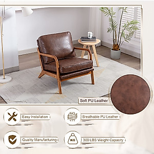 Upholstered Mid Century PU Leather Accent Chair, Comfy Lounge Armchair with Thicken Cushion, Modern Wooden Arm Chair, Sturdy Reading Chair for Living Room, Bedroom, 300 LBS Weight Capacity, Brown