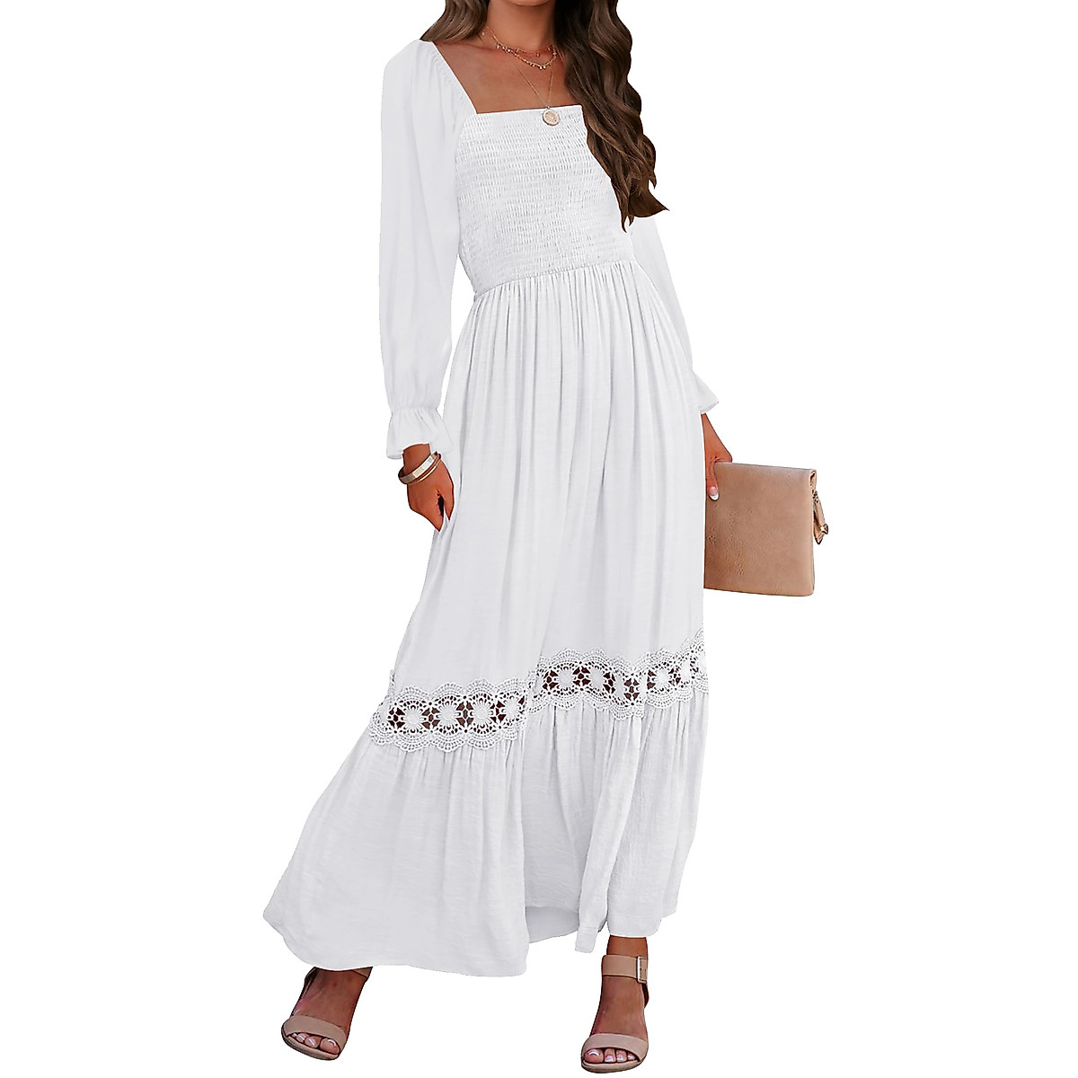 ZESICA Women's 2024 Boho Long Sleeve Square Neck Smocked High Waist Flowy A Line Lace Trim Maxi Dress White