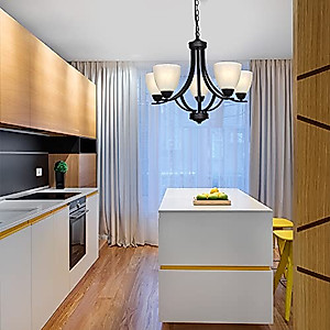 BONLICHT Traditional Chandelier Black 5 Light Modern Pendant Lights with Alabaster Glass, Industrial Vintage Dining Room Lighting Fixtures Hanging Flush Mount Ceiling Light for Bedroom Kitchen Island