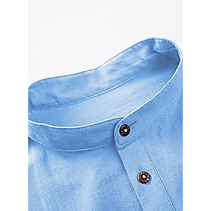 JMIERR Mens Casual Cotton Linen Texture Henley Shirt Short Sleeve Button Down Shirt Summer Beach Tropical Cruise Shirts US 40(M) Sky Blue