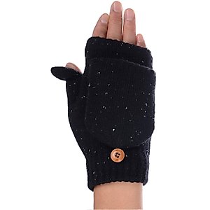 Be Your Own Style BYOS Womens Winter Soft Warm Plush Fleece Lined Convertible Fingerless Marble Speckled Knit Mittens Gloves Glittens W/Thumb Flaps (Black)