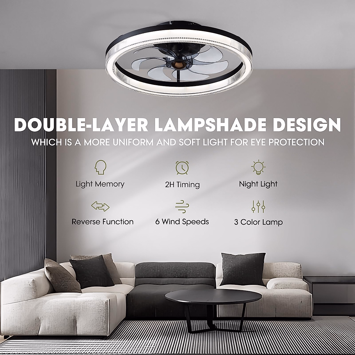 LUDOMIDE Ceiling Fans with Lights, 20" Low Profile Ceiling Fan with Light Remote Control, Flush Mount Fandelier Ceiling Fan 6 Wind Speeds 3 Color Changeable for Bedroom, Kitchen and Kids Room (Black)