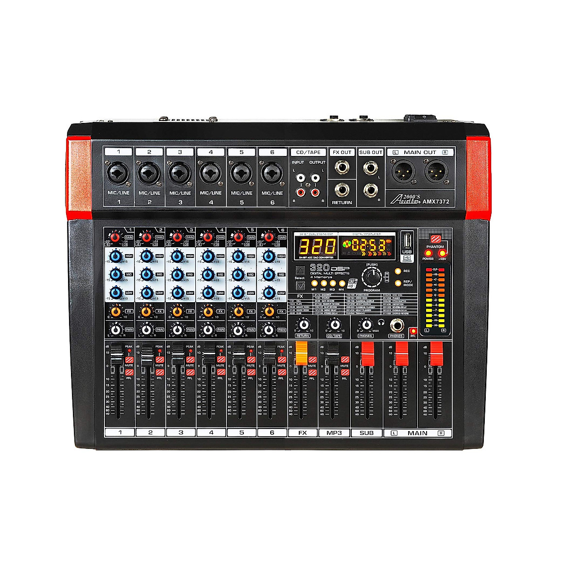 Audio2000'S AMX7372 Six-Channel Audio Mixer with 320 DSP Sound Effects, Stereo Sub Out with Sub-Out Level-Control Fader, Level-Control Faders on All Channels, and USB/Computer Interface