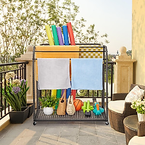 GAOMON Pool Towel Rack Outdoor with Rattan Base,5 Bar Free Standing Poolside Beach Towel,Rattan Weaving Outdoor Towel Rack,Storage Organizer with Compartment for Floats, Pool Noodles, Swimming Rings