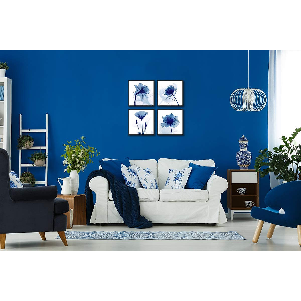 Pyradecor Black Framed Blue Flickering Flower Modern Abstract Paintings Canvas Wall Art Grace Floral Pictures on Canvas Prints 4 Panels Artwork for Bedroom Office Home Decorations