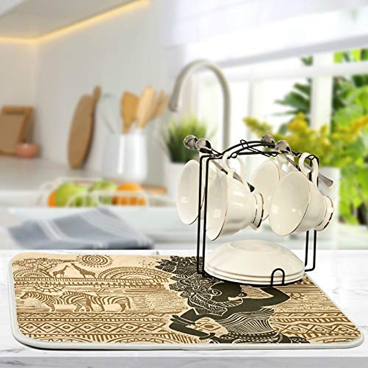 African Woman Silhouette Dish Drying Mat 24"x18" Absorbent Machine Washable Hanging Fast Dry Pad Dish Protective Mat for Kitchen Countertop Heat Resistant Dinner Table Mat