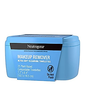 Neutrogena Makeup Remover Facial Cleansing Towelettes, Daily Face Wipes Remove Dirt, Oil, Sweat, Makeup & Waterproof Mascara, Gentle, Soap- & Alcohol-Free, 100% Plant-Based Cloth, 25 ct
