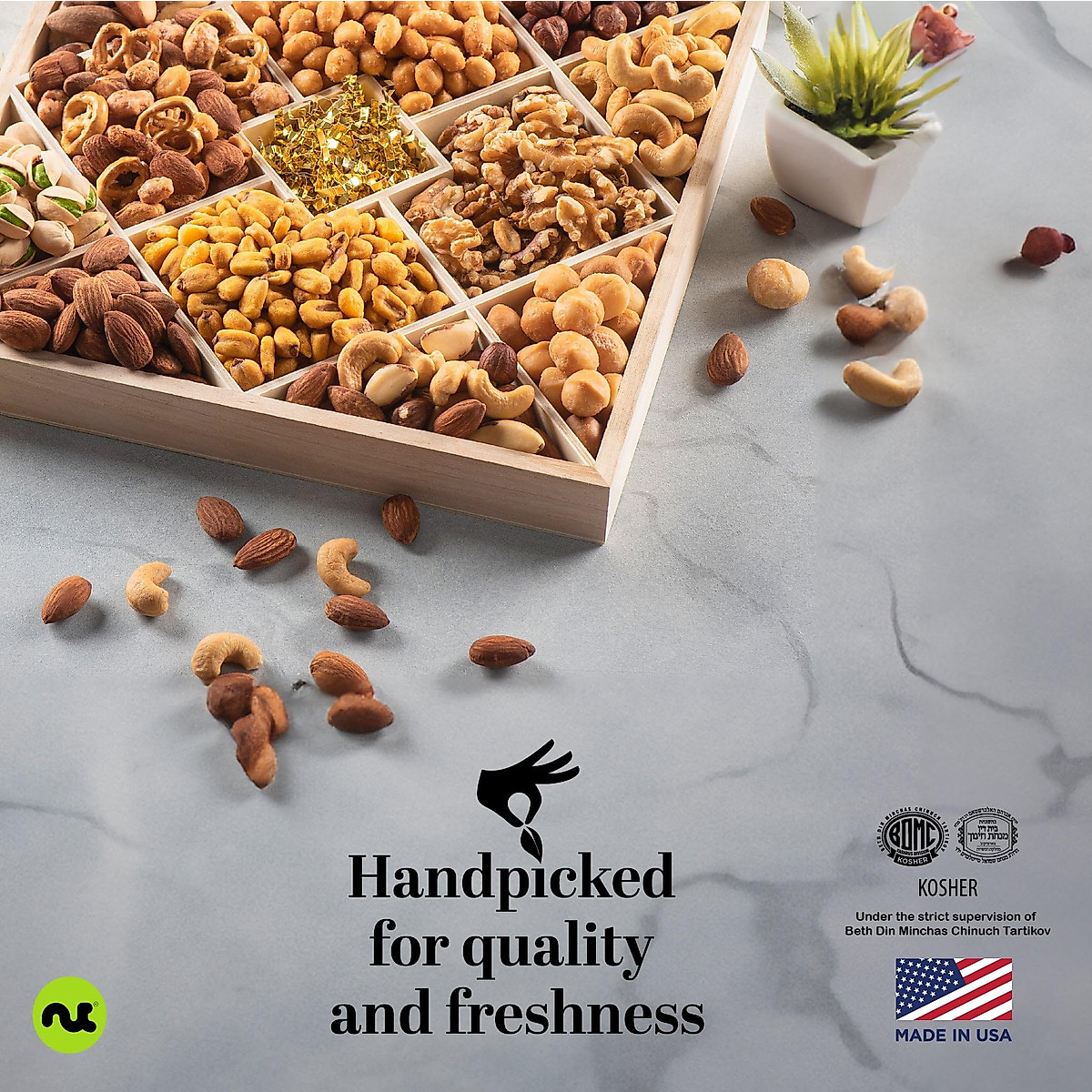 NUT CRAVINGS Gourmet Collection - Purim Mishloach Manot Mixed Nuts Gift Basket in Reusable Diamond Wooden Tray + Green Ribbon (12 Assortments) Arrangement Platter, Healthy Kosher Corporate