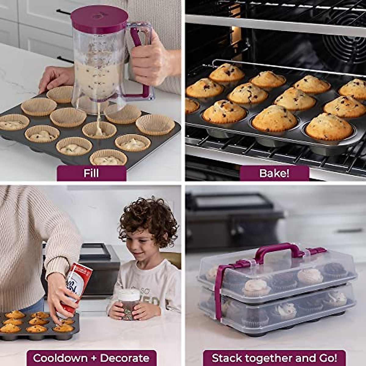 KPKitchen Cupcake Carrier for 24 Cupcakes - Innovative Cupcake Holder includes 2 Cupcake Pans with Lid and Handle - Cupcake Travel Container Carries 12 or 24 Standard-Size Cupcakes for Storage Safely