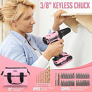 SHALL Pink Cordless Drill Driver 20V Electric Power Drill Screwdriver Set with 2.0AH Battery & Fast charger for Women, 3/8'' Keyless Chuck, Variable Speed, 18+1 Position & 34pcs Drill/Driver Bits