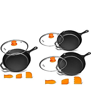 MICHELANGELO Cast Iron Skillet Set 8 Inch & 10 Inch &12 Inch, Preseasoned Cast Iron Skillets With Lid, Iron Skillets for Cooking with Silicone Handle & Scrapers, 8'' & 10" & 12"