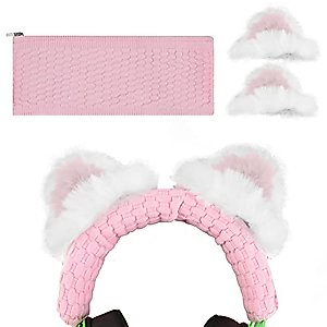 Geekria NOVA Knit Fabric Headband Cover + Cat Ears Attachment Compatible with Razer, SteelSeries, HyperX, Sennheiser, Astro, Sony, Logitech, ATH Headphones, Easy DIY Installation (Pink)