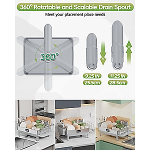 LIONONLY Dish Drying Rack, 304 Stainless Steel Dish Drainers for Kitchen Counter, Durable Dish Strainer with 360° Rotatable Spout, Glass Holder, Utensil Holder, Saving-Space Kitchen Organizer, Grey