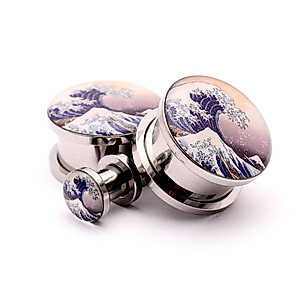 Mystic Metals Body Jewelry Screw on Plugs - Tidal Wave Picture Plugs - Sold As a Pair (10g (2.5mm))