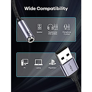 USB to 3.5 mm Jack Audio Adapter, External Sound Cards to Headphone Jack Aux Adapter Available for TRS or TRRS Plug Headphones, PS4/PS5/PC/Laptop-Purple Gray/9.8 inches