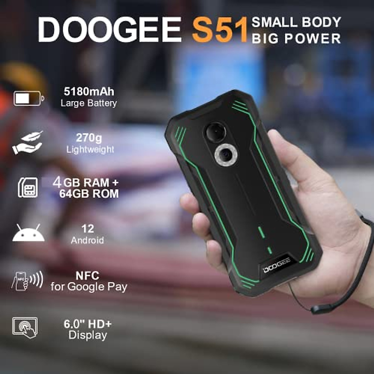 DOOGEE Rugged Smartphone 2023, S51 NFC Android 12 Rugged Phones, 4GB+64GB SD 512GB, 5180mAh Battery, Dual SIM 4G, 6.0" IPS HD Rugged Phones Unlocked, IP68 Waterproof, GPS Outdoor Rugged Android Phone