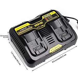 Lilocaja DCB102BP 2-Port Jobsite Charger Station Replacement for Dewalt 20V Max Battery Charger DCB102 DCB112 DCB104, Compatible with Dewalt 12V/20V Li-ion Battery DCB206 DCB606, with 2 USB Ports