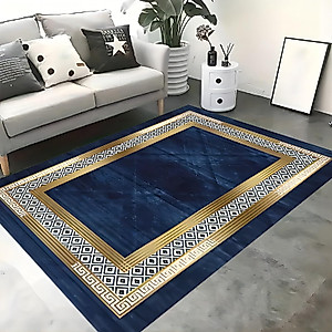 USHIRUG Premium Indoor Area Rug, 3x4ft, Contemporary Simple Geometric and Gold Border Design Navy Blue Rug, Non-Slip Non-Shedding Rug, Comfortable and Casual Living Room Bedroom Soft Rug