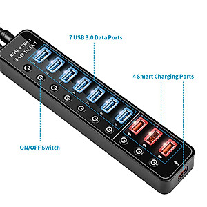 LYFNLOVE Powered USB Hub,11 Port 48W Data Charging Hub with 7 USB 3.0 Ports and 4 Smart Charging Ports,USB 3.0 Splitter with On/Off Switches for Laptop,PC, Computer,TV, HDD, Flash Drive and More