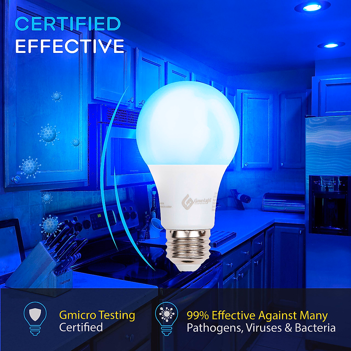 GLI Blue Light Germicidal Light Bulb – 100% Safe Non-UV - Switches from Sanitizer to Std 800 Lumens Bulb – Portable Disinfection, Screws into any E26 Socket – Kills 99% Germs & Pathogens – Ozone Free
