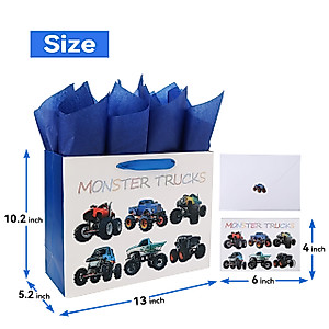 13" Large Truck-themed Gift Bags Set with Greeting Card and Tissue Paper (Monster Trucks Design) for boys, Kids Birthday Party,Baby boy,Baby Shower,Newborn,New Moms or Parents -13”x5.2”x10.2”, 1 Pcs