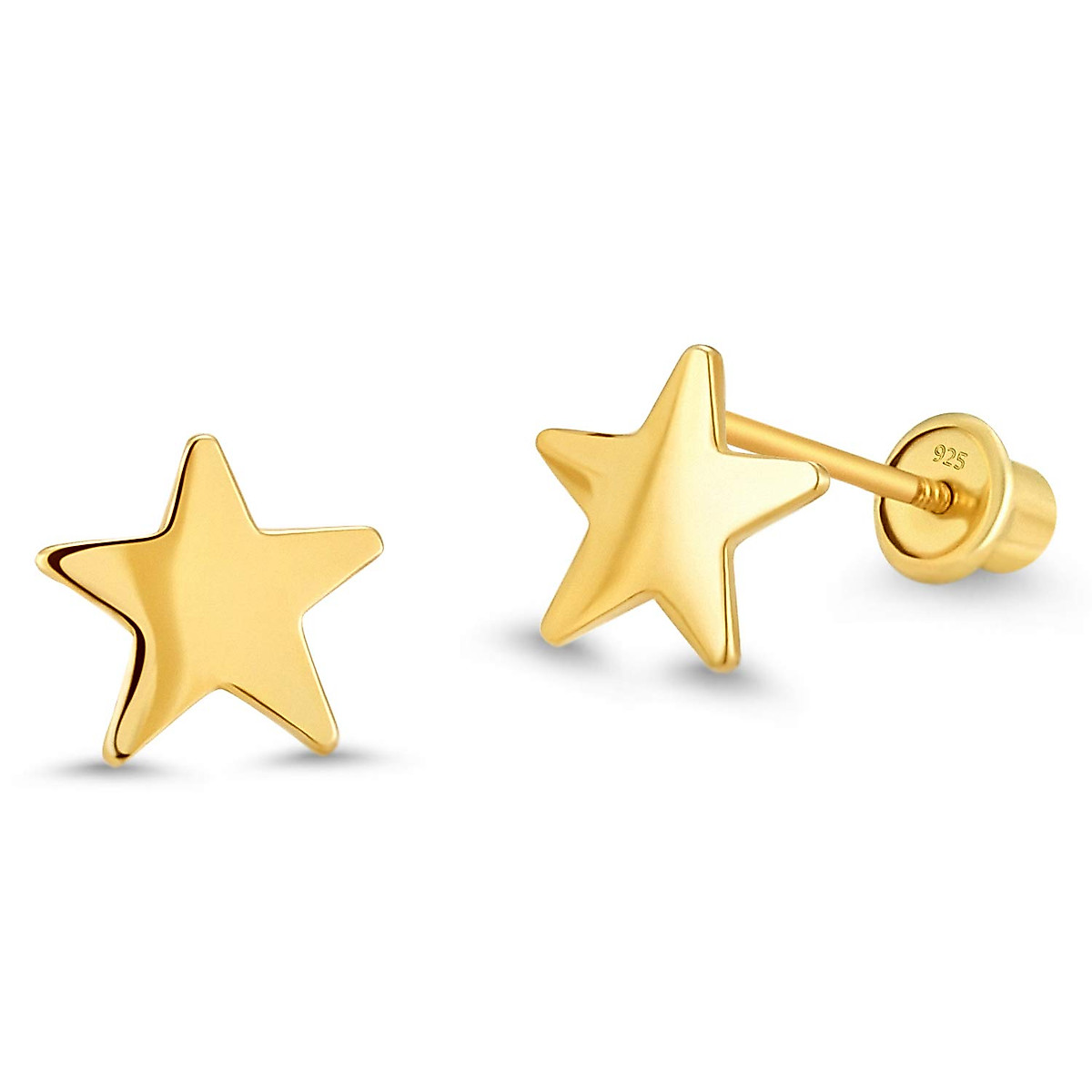 14k Gold Plated Brass Plain Star Screwback Baby Girls Earrings with Sterling Silver Post