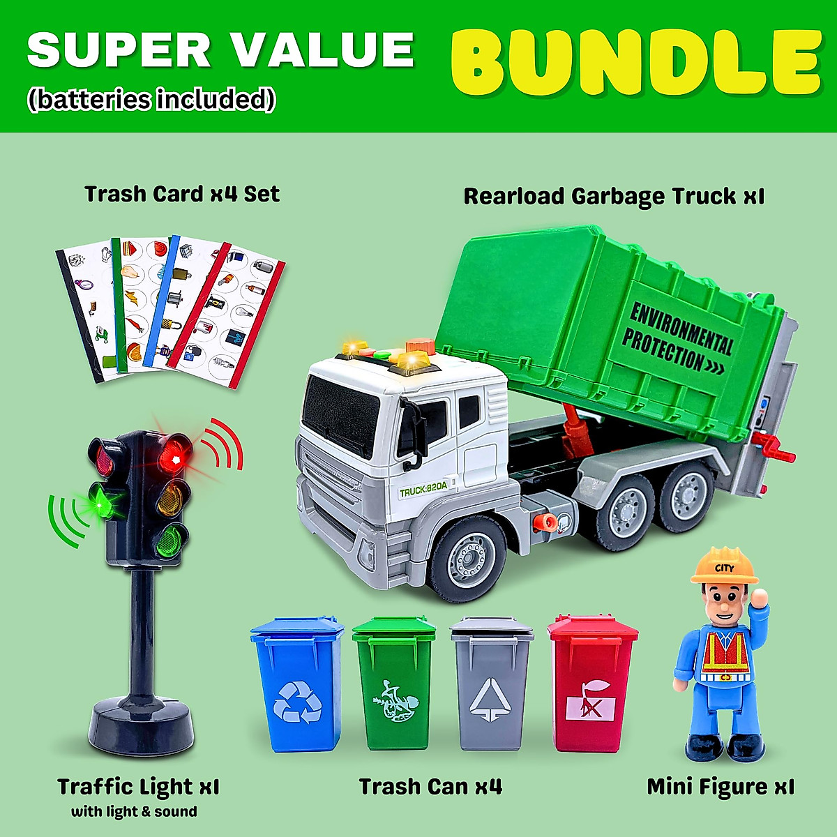 PlenPLAY Garbage Truck Toys 11 in 1 Playset - Realistic Trash Truck with 4 Trash Cans, Lifter Dumping Function, 1 Traffic Light, 4 Set Trash Cards, 1 People Figures - Toys for Boys 3+ Years Old
