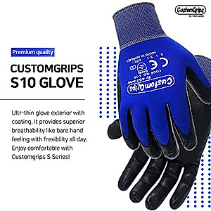 CustomGrips Super Thin Work Gloves, 12 Pairs, Large, Highly Breathable Cut Resistant Seamless Level 3 Resistance Nitrile Coat for Grip, Warehouse Jobs, Delicate Machine Works, Usable for Touchscreen