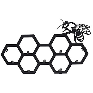 Cabilock 1pc Holder Multi- for Hook Hexagon Towels Rack Hanging Organizer Mounted Dog Wall Scarves Pattern Wooden Craft Household Metal Black Rustic Honeycomb Bedroom Key