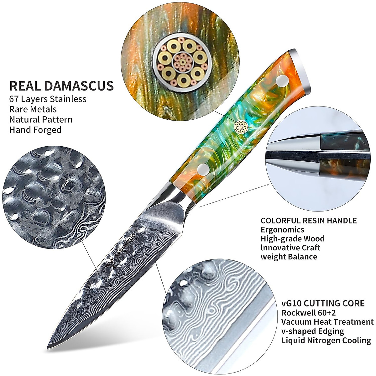 SANMUZUO 3.5 Inch Paring Knife - Fruit and Vegetable Peeling Knives, Forged Damascus Steel & Resin Handle - Yao Series