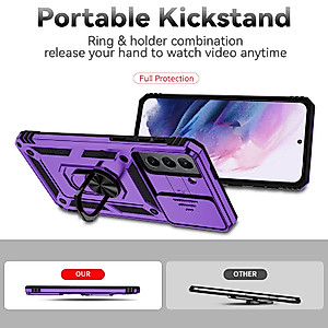 for Samsung Galaxy S21 Case with Camera Lens Cover HD Screen Protector, Dual Layer Military-Grade Drop Tested Magnetic Ring Holder Kickstand Protective Phone Case for Samsung Galaxy S21 5G (Purple)