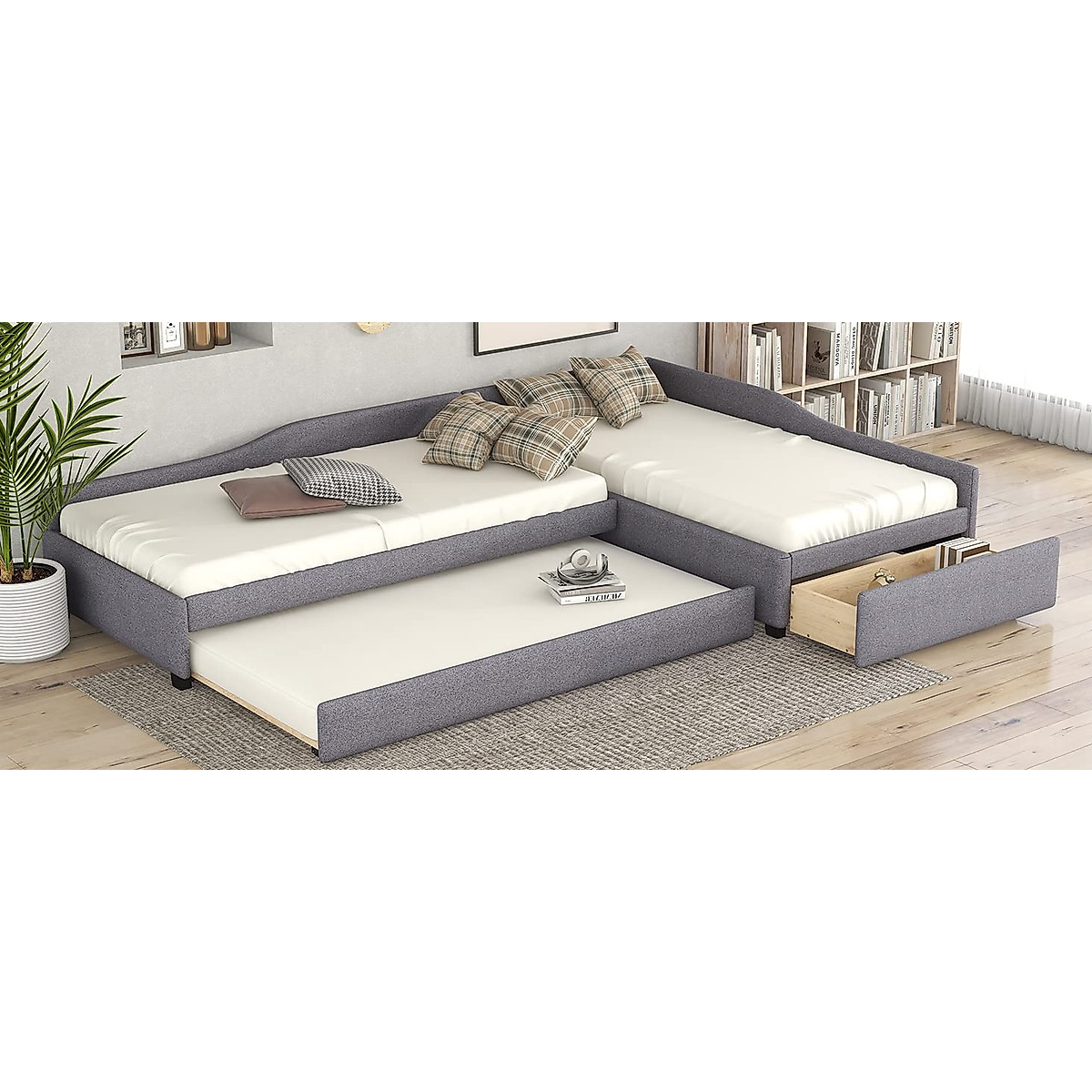 Harper & Bright Designs Upholstered Double Twin Size Daybed with Trundle and Drawer for Kids Boys Girls Student, Gray