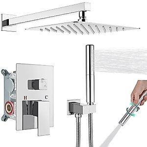 Heyalan Shower System Square Rain Shower System Head Shower Faucet Fixture 2 in 1 Handheld Shower Sprayer Rough in Valve Wall Mount Bathroom Rainfall Combo Set High Pressure,10 Inch,Polished Chrome