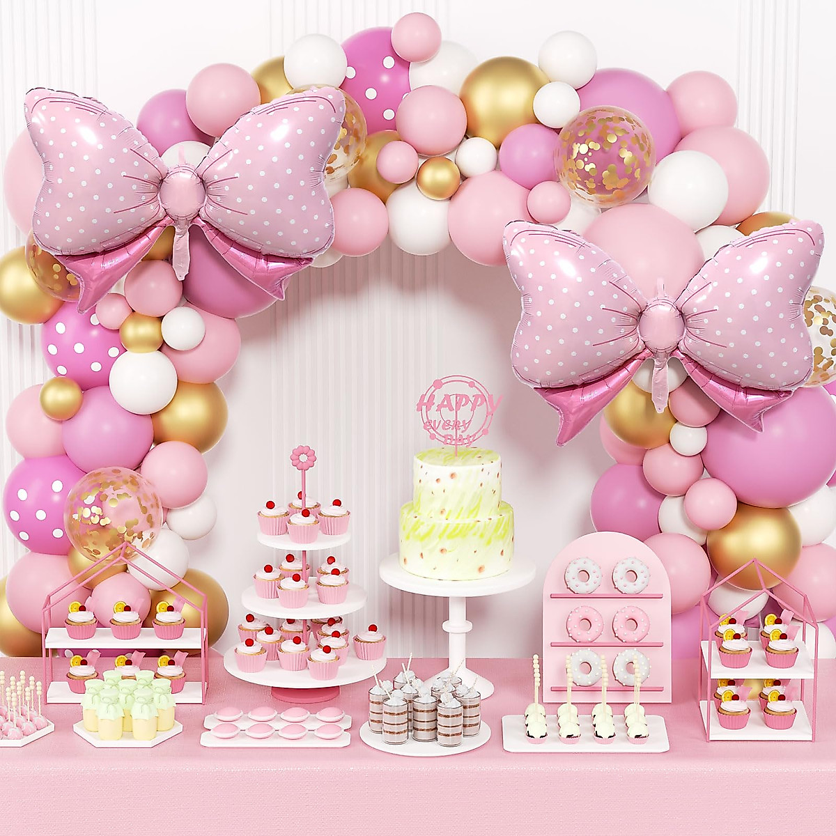 MeiWuKaBH Pink Mouse Balloon Garland Arch Kit for Cartoon Mouse Theme Birthday Party Decorations Girl Kids, Pink White Red Bow Foil Balloons for Mouse Baby Shower Party Decorations