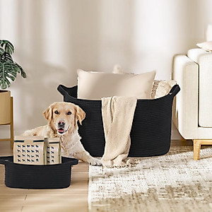 InnJoey 2PCS Large Blanket Basket, Cotton Rope Basket with Handles for Bathroom, Black Basket for Bedroom, Living Room, Nursery, Laundry room and Bathroom