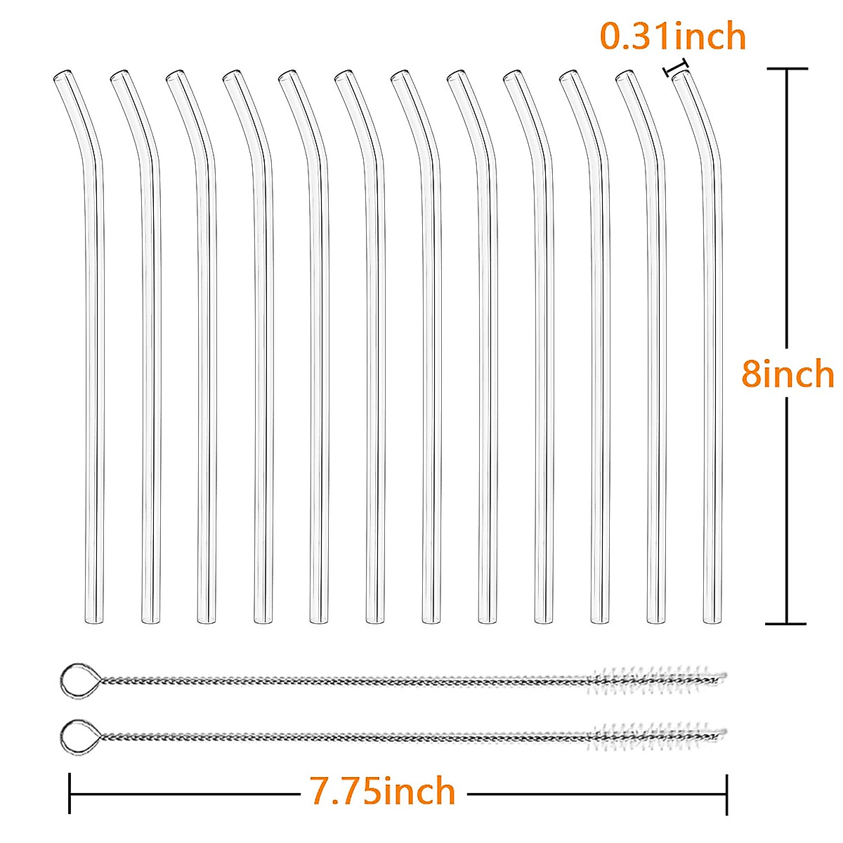 12 Pack Reusable Glass Straws - 8" x 8 MM, Bent Glass Drinking Straws with 2 Cleaning Brushes, Reusable Straws for Smoothies, Milkshake, Frozen Drinks, Tea, Juice