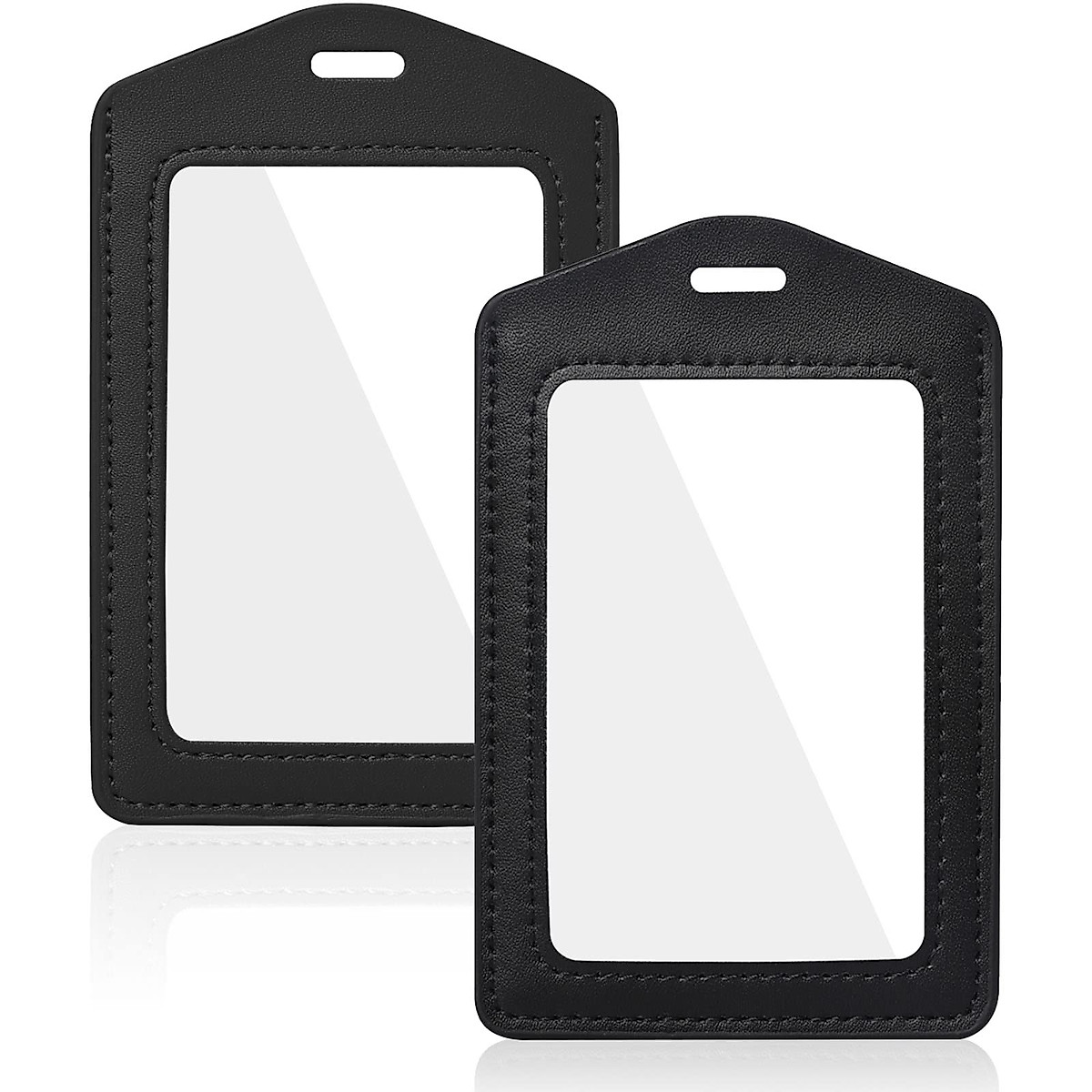 2 Pcs Genuine Leather ID Badge Holder Vertical Double-Side Clear Card Holder Waterproof Name Badge Holder for Office, Staff, Students, Employees(Black&Black)