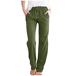 Work Pants for Women Construction, Slacks Black Pants Women's Office Clothes Casual Cotton and Linen Solid Drawstring Elastic Waist Long Straight Pants Dress Crop Wide Pants High (XL, Green)