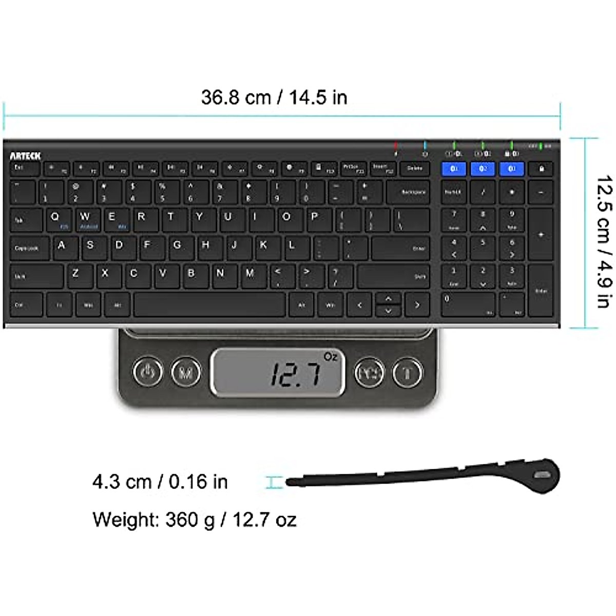 Arteck HB193 Universal Bluetooth Keyboard Multi-Device Stainless Steel Full Size Wireless Keyboard for Windows, iOS, Android, Computer Desktop Laptop Surface Tablet Smartphone Rechargeable Battery