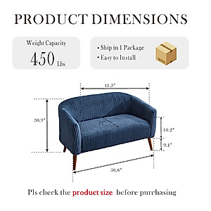 Aoiy & Wifon 50.8" W 2-Seat Small Loveseat Sofa, Comfy Upholstered Loveseat Couch for Small Spaces with Wooden Legs, Corduroy, Navy