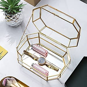 Vellon Gold and Clear Jewelry Trinket Box, Glass Decorative Box, Chic Design Storage for Cosmetic/Bracelet/Necklace/Ring, Idea Gift, Including 26 Glass Panels and 112 Golden Metal Line