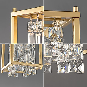 LMQNINE Dining Room Light Fixture Semi Flush Mount Ceiling Light, Industrial Farmhouse Chandelier Gold Metal Crystal Pendant Light for Hallway Balcony Kitchen Island (Square 1-Light)